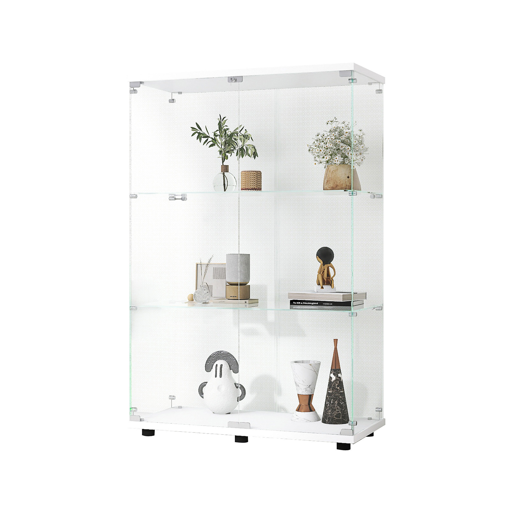 17 Stories Two-Door Glass Display Cabinet 3 Shelves With Door, Floor Standing Curio Bookshelf ...
